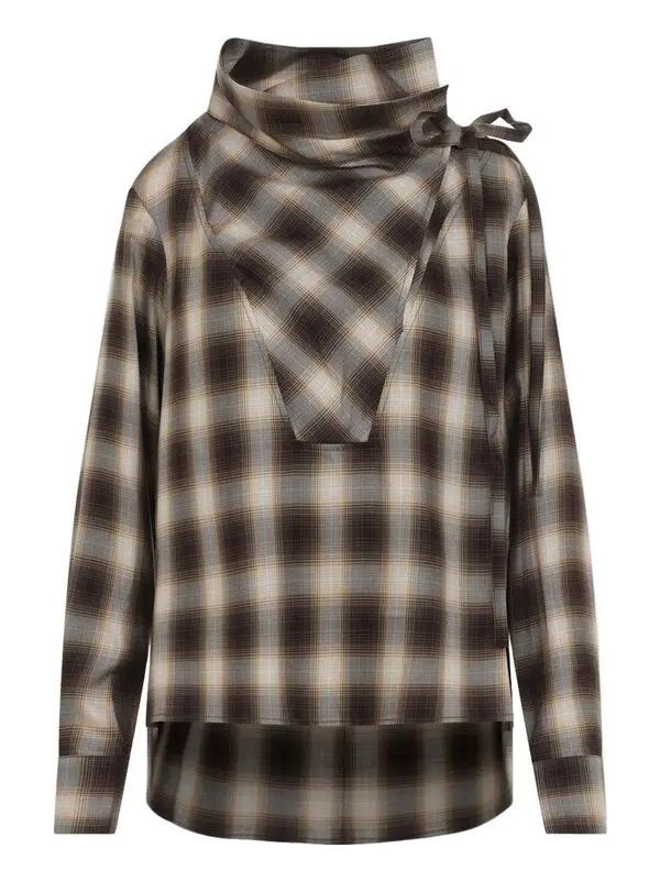 Co Plaid Turtleneck Tie-neck Blouse - Brown