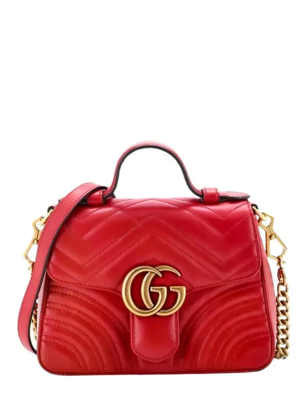 Gucci Gg Marmont Top Handle Flap Bag Matelasse Leather Mini Satchel - Red