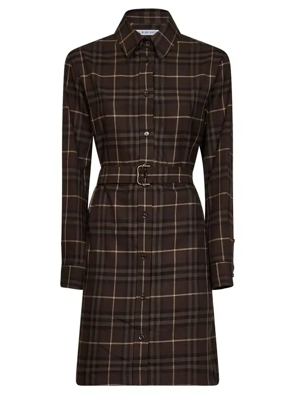 Burberry Brown Check Flannel Belted Shirt Dress - Multicolor