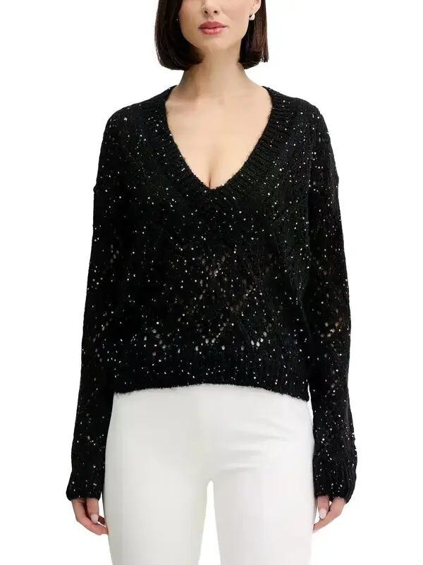 BENETTON Sequin V-neck Knit Sweater - Black