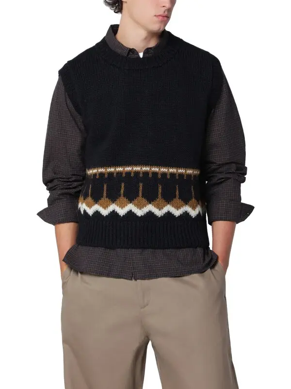 You Must Create Navy Wool Vest With Geometric Jacquard Pattern - Blue