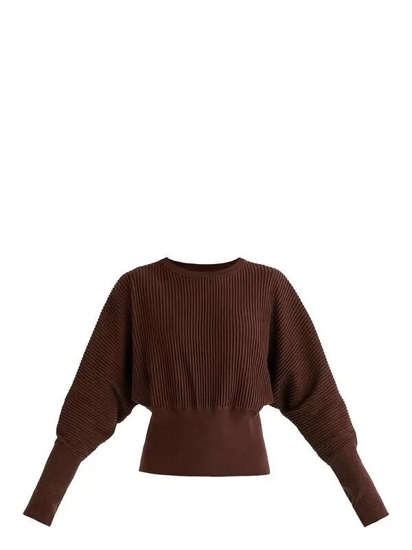 PAISIE Ribbed Batwing Sleeve Knit Top With Fitted Waist - Brown