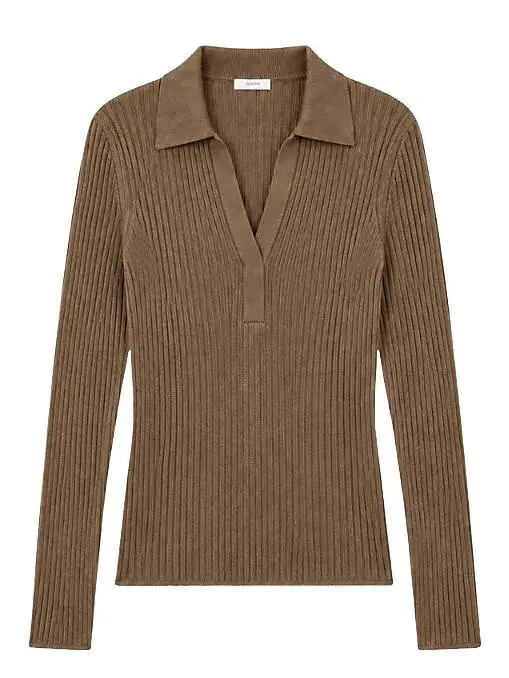 JOSEPH Collared Rib Merino-wool Blend Polo Top - Sable