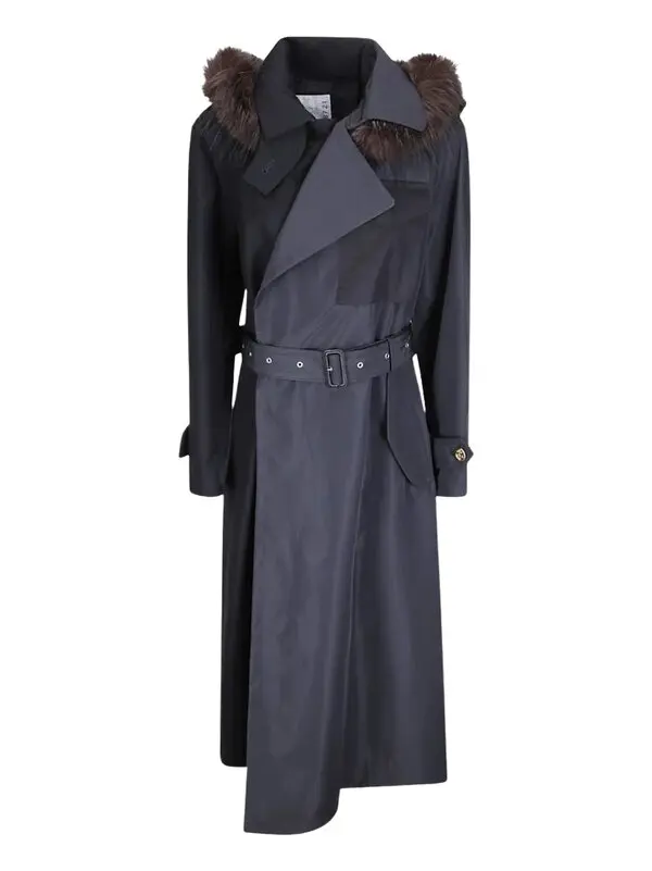 Sacai Asymmetrical Belted Trench Coat With Fur-trim Collar - Black