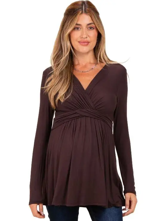 PINKBLUSH Long Sleeve Draped Front Nursing Top - Brown