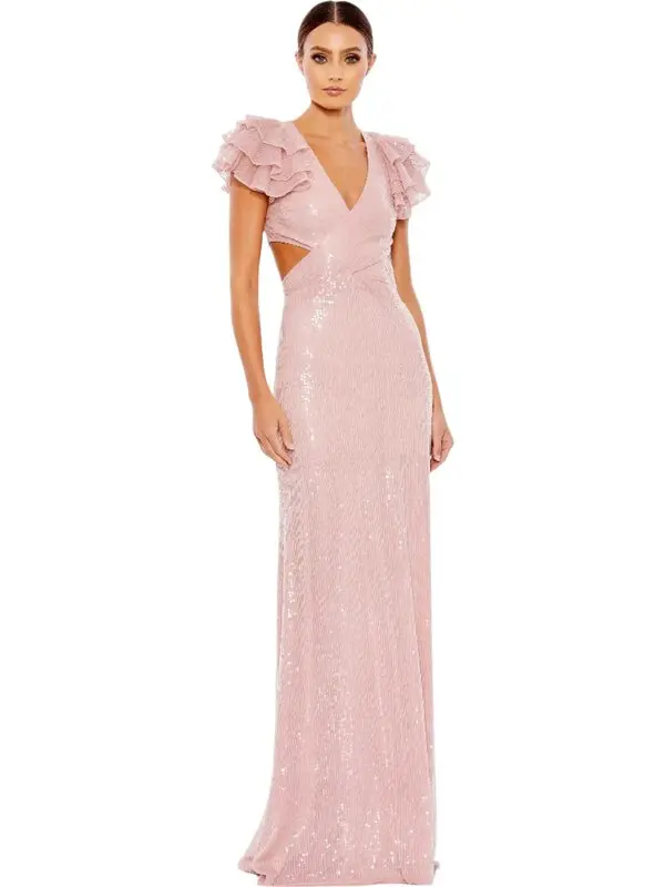 Mac Duggal Pink Sequined Ruffled Cut Out Lace Up Gown - Rose