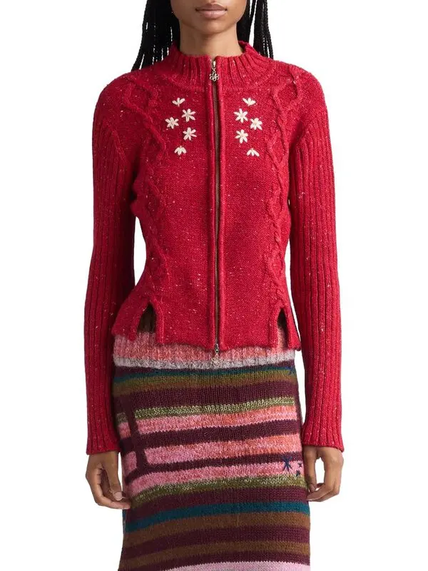 PAOLINA RUSSO Embroide Alpaca & Merino Wool Cable Cardigan - Red