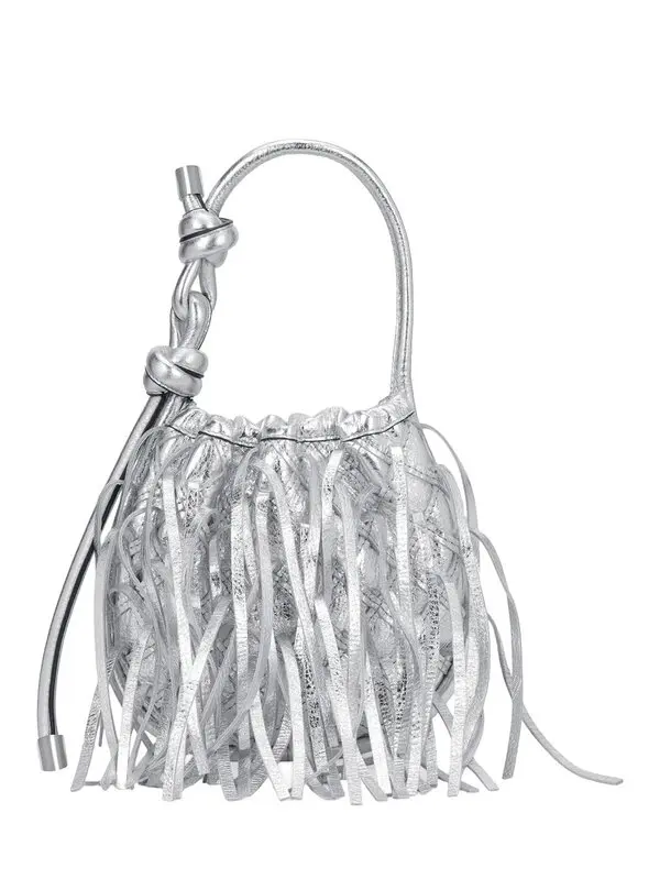 BEHNO Ina Mini Fringe Potli Leather Handbag - Silver