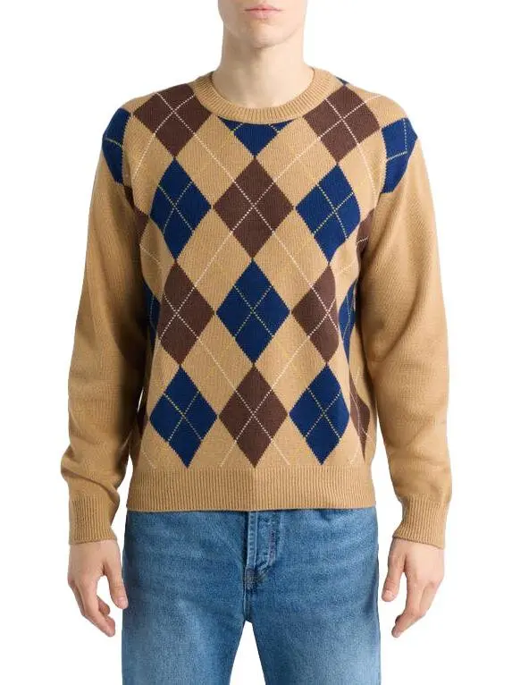 DUNST Gender Inclusive Argyle Wool Crewneck Sweater - Camel Beige