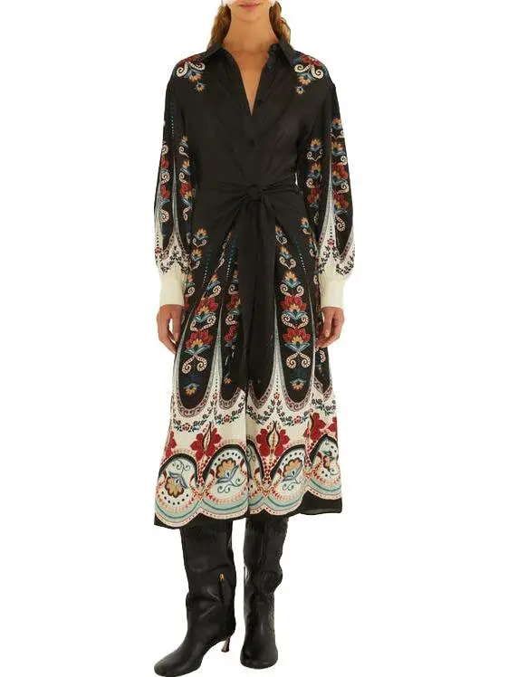 Farm Rio Nikita Long Sleeve Midi Shirt Dress - Black