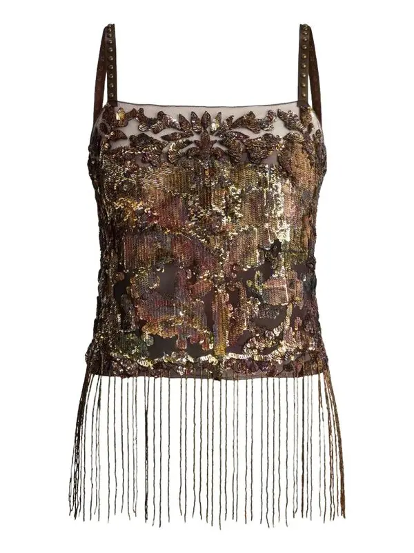 Ralph Lauren Sonara Sequin-embellished Fringe-trim Top - Brown