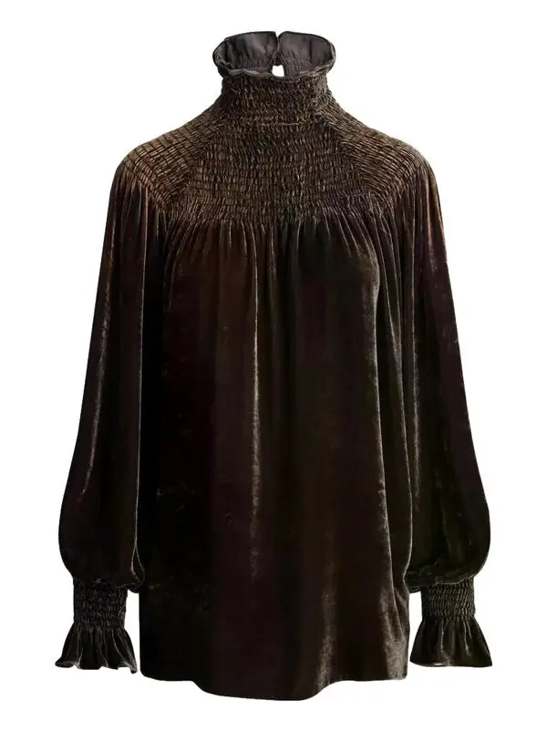 Ralph Lauren Maddison Smocked Velvet Blouse - Brown