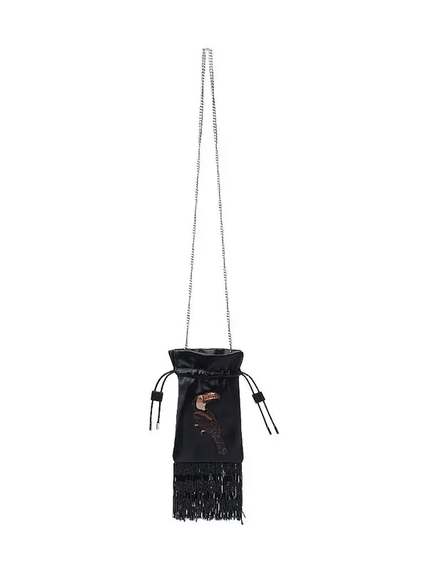 Farm Rio Mini Fringed Satin Bucket Bag - Black