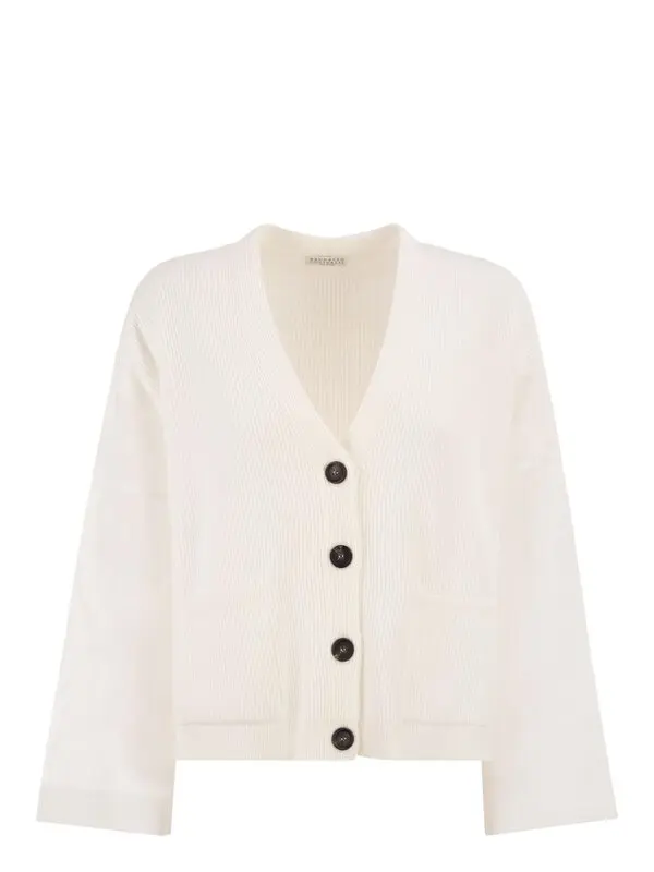 Brunello Cucinelli Ribbed Cardigan With Organza Sleeves - White
