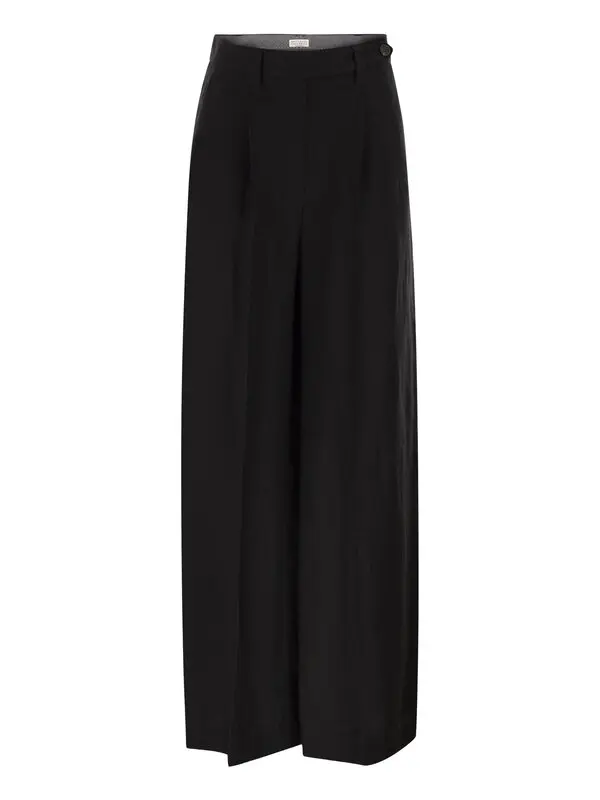 Brunello Cucinelli Tailored Trousers In Fluid Viscose And Linen Twill With Double Pleats - Black