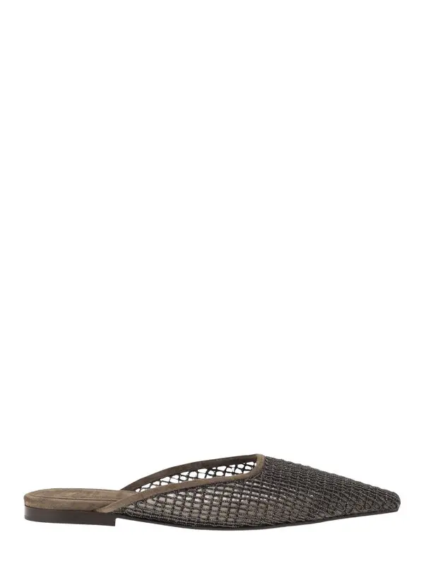 Brunello Cucinelli Suede Mules With Precious Net Embroidery - Brown