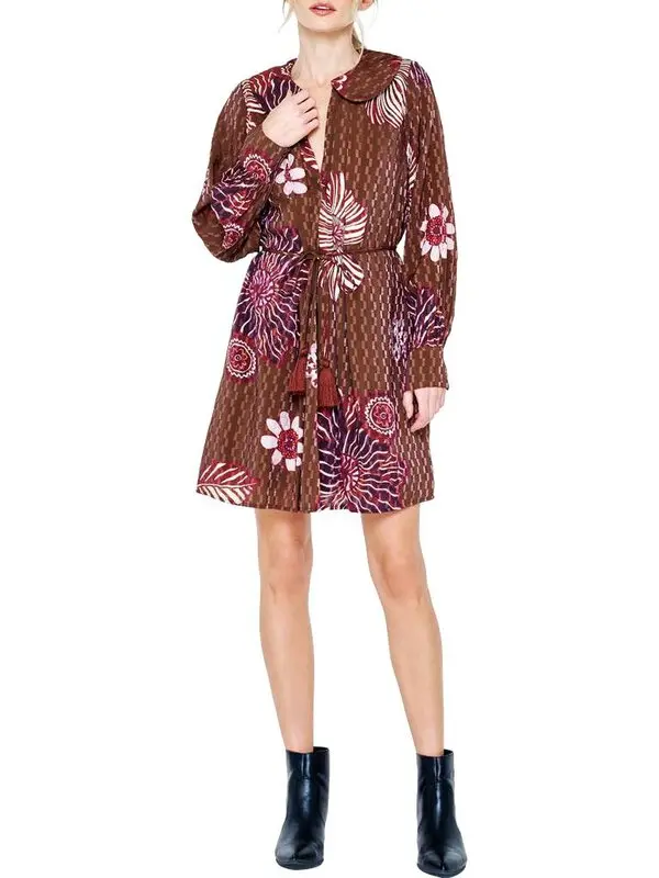 CIEBON Willow Print Tie Waist Long Sleeve Dress - Brown Multi