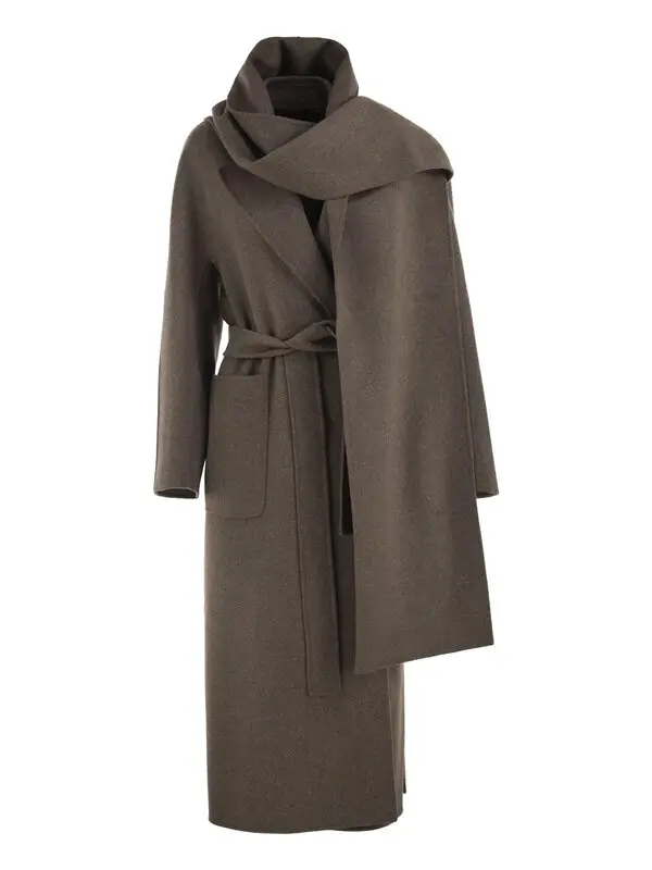 Max Mara Smmpeonie Pure Virgin Wool Coat With Integrated Scarf - Brown