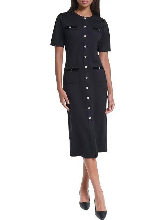 Karl Lagerfeld Paris Button Front Midi Knit Dress - Black