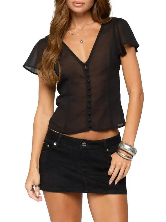EDIKTED Lania Sheer Chiffon Shirt - Black