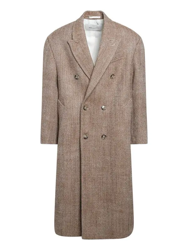 AMI Paris Long And Ivory Herringbone Wool Coat - Brown