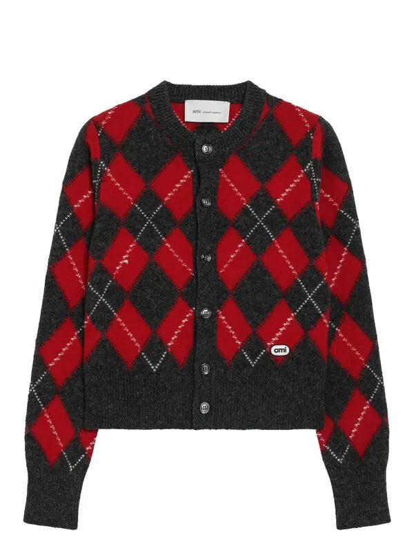 AMI Paris Red/grey Argyle-pattern Cardigan In Wool - Gray
