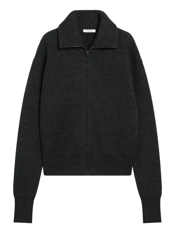LEMAIRE Grey Melange Zip-up Cardigan In Virgin Wool - Black