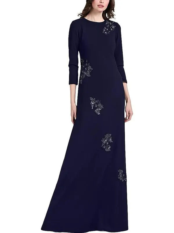 EMILY SHALANT Beaded Flower Stretch Crepe Gown - Navy