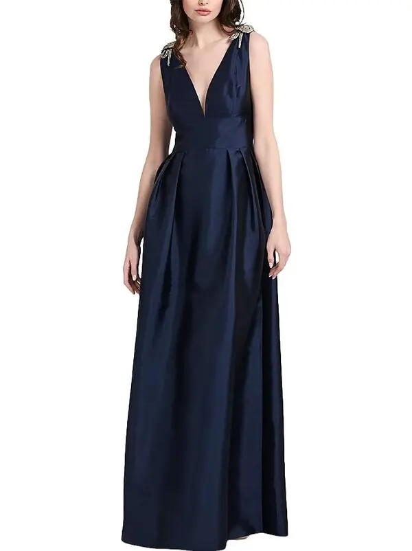 EMILY SHALANT Embellished Faille Deep V Neck Gown - Navy