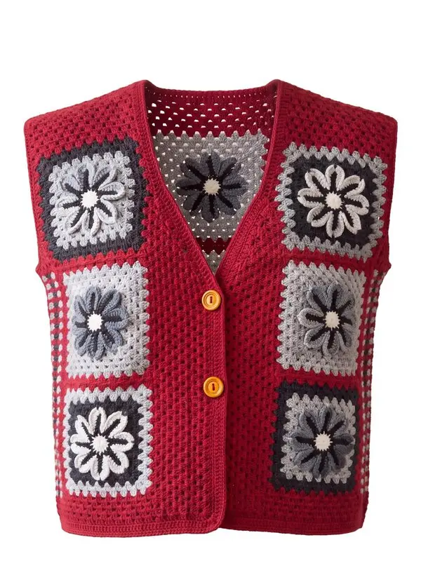 ANA CHIC Daisy Granny Square Handmade Crochet Waistcoat - Red