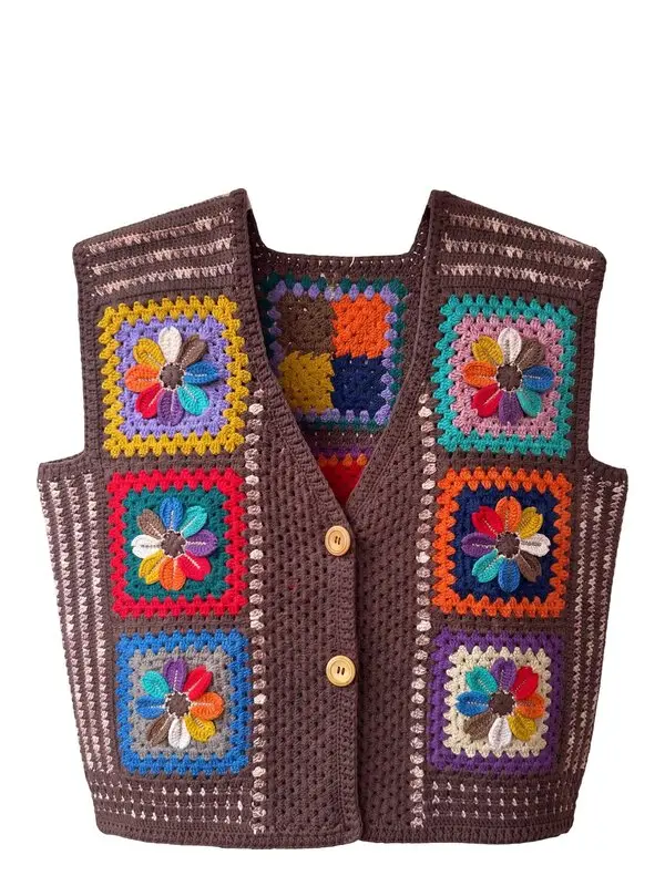 ANA CHIC Bracken Flower Granny Square Handmade Crochet Waistcoat - Brown