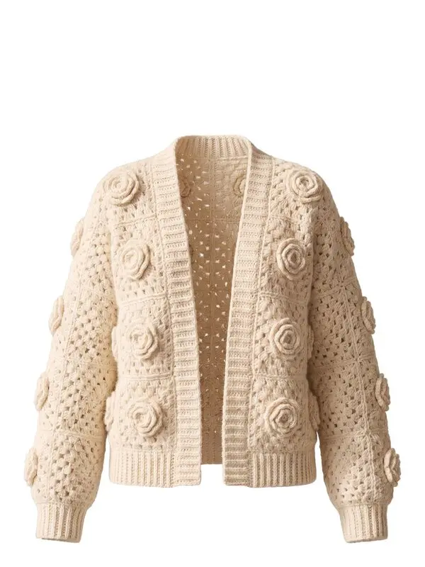 ANA CHIC Neutrals Rose Handmade Crochet Cardigan In Ecru - Beige