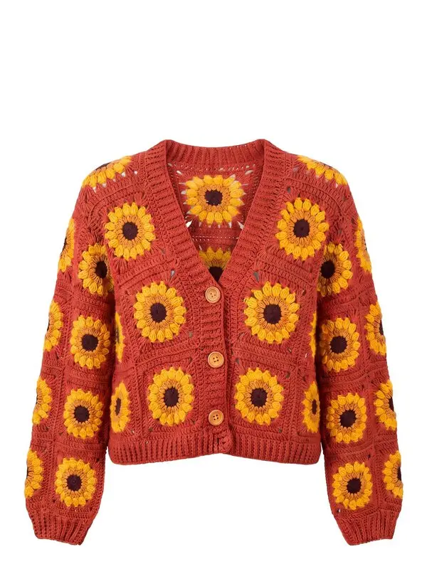 ANA CHIC Rust Sunflower Granny Square Handmade Crochet Cropped Cardigan - Orange