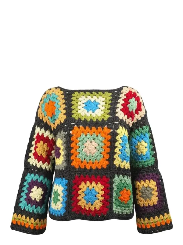 ANA CHIC Charcoal Trim Granny Square Handmade Crochet Jumper - Black