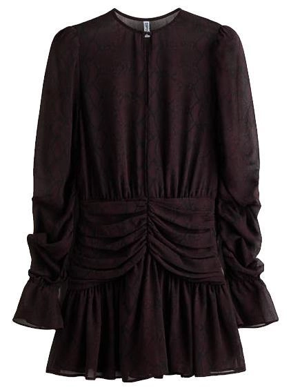 H&M Ruched Chiffon Dress - Dark Brown/patterned