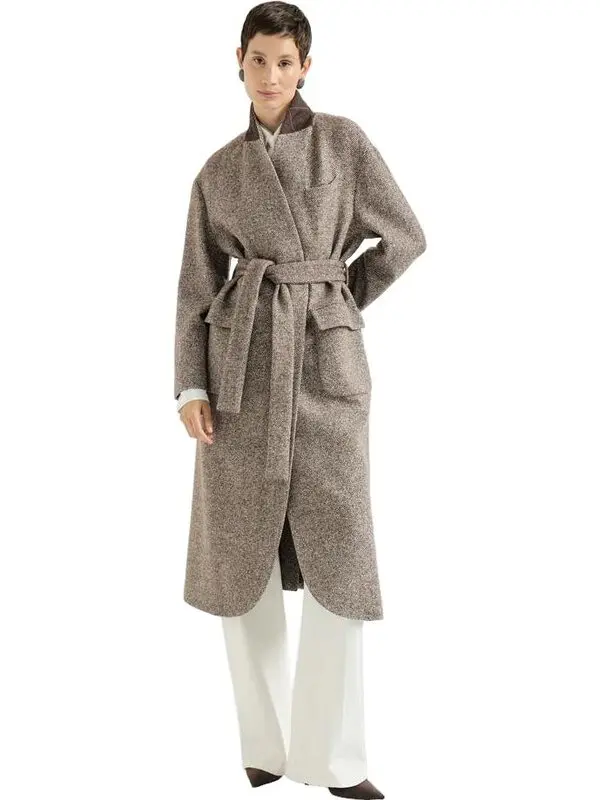 Brunello Cucinelli Virgin Wool And Silk Mélange Diagonal Belted Coat With Monili - Brown