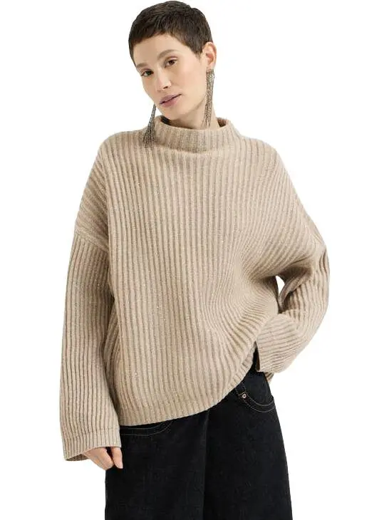 Brunello Cucinelli Sparkling & Dazzling Cashmere And Wool Ribbed Sweater - Light Brown