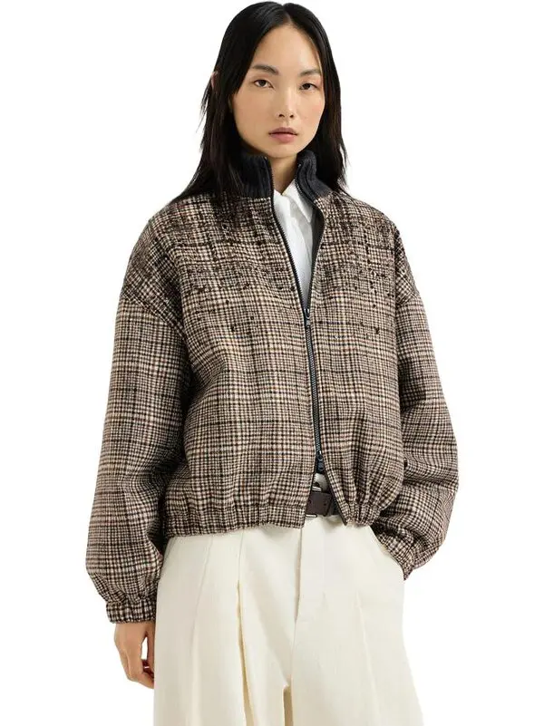 Brunello Cucinelli Checked Alpaca And Wool Bomber Jacket With Dazzling Degradé Embroidery And Thermore® Padding - Brown