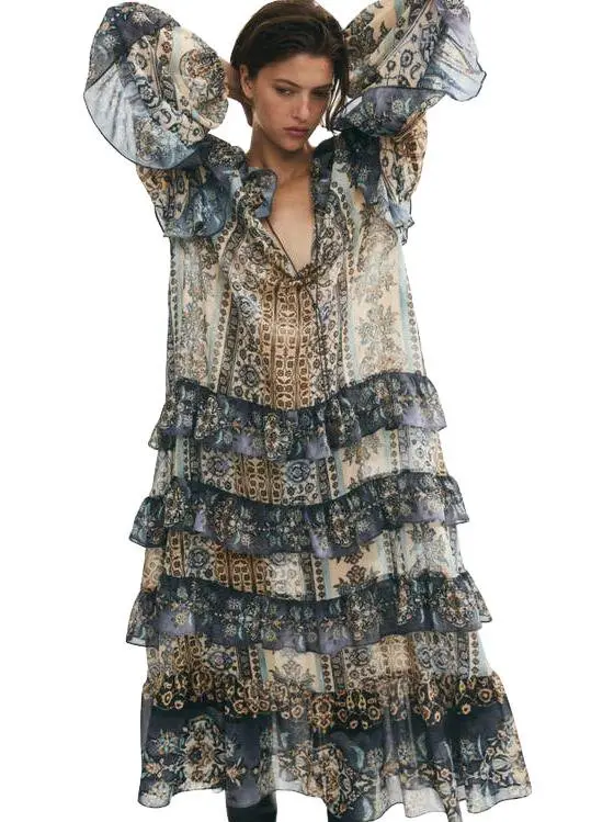 H&M Flounced Tunic Dress - Dark Blue/patterned