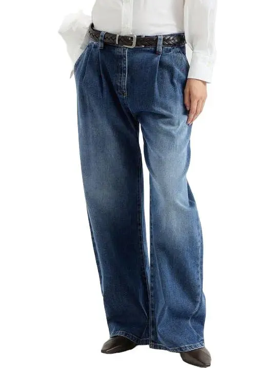 Brunello Cucinelli Comfort Cotton Denim Loose Curved Trousers With Monili - Medium Denim
