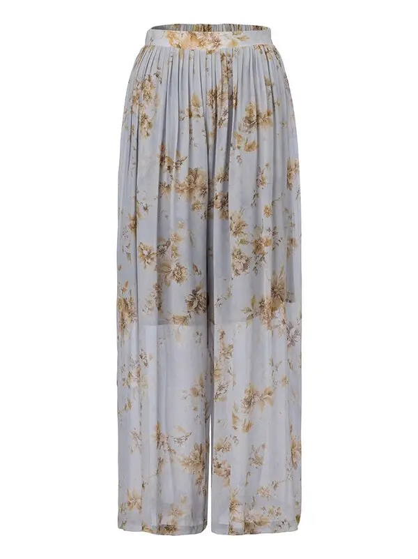 BELSIZE25 Dahlia Series – Floral Print Rayon Wide-leg Trousers - Blue/grey