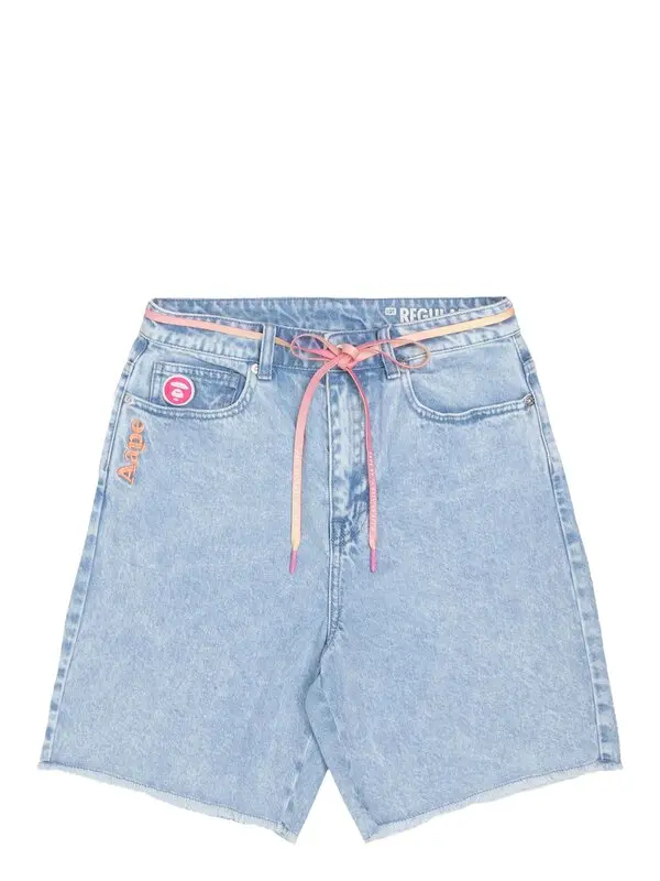 AAPE Moonface Patch Embroidered Denim Shorts - Blue