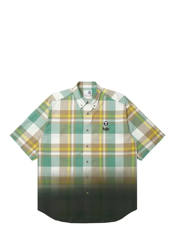AAPE Moonface Embroidered Gradient Plaid Short-sleeve Shirt 'beige/green - Tan