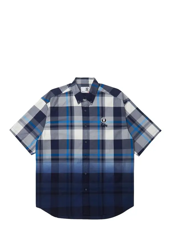 AAPE Moonface Embroidered Gradient Plaid Short-sleeve Shirt 'navy/black - Blue
