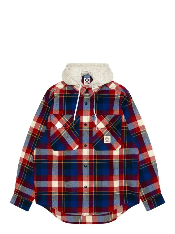 AAPE Now Moonface Check Hooded Shirt Jacket 'navy/red - Blue