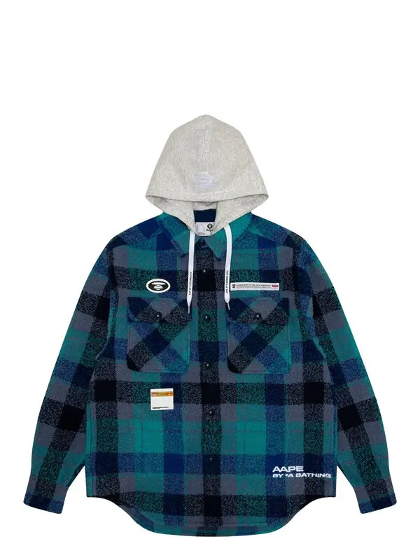 AAPE Moonface Check-panelled Hooded Shirt Jacket /black - Grey