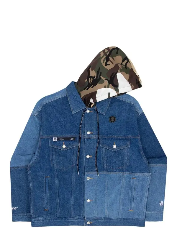 AAPE Moonface Panelled Hooded Denim Jacket - Blue