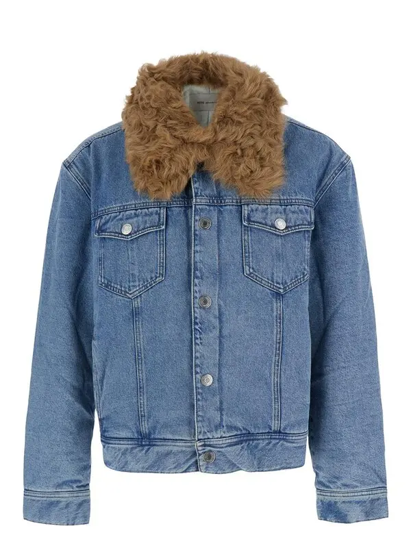 AMI Paris Quilted Jacket With Shearling Collar, Tech Fabric And Button Front Closure - Light Blue