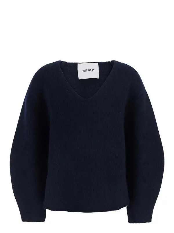 Soft Goat 100% Cashmere V-neck Sweater With Puff Sleeves - Blu
