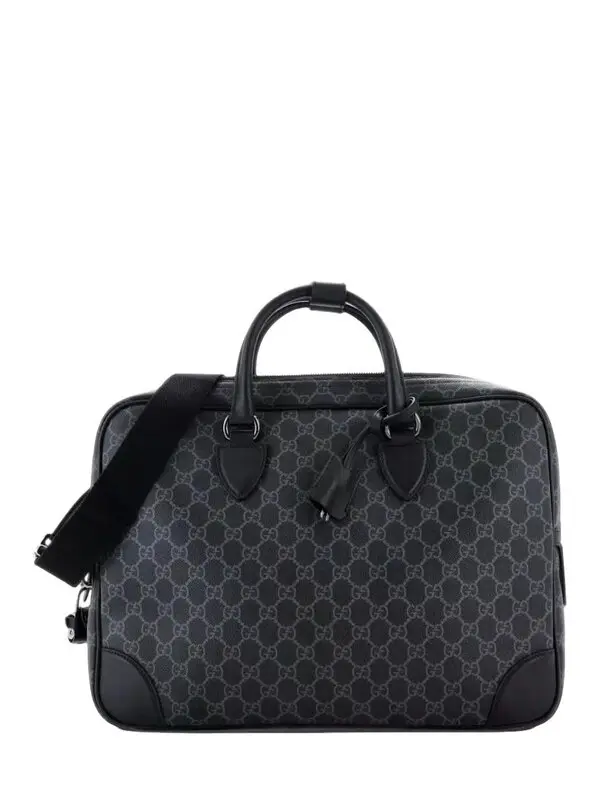 Gucci Emblem Convertible Zip Around Briefcase Gg Coated Canvas Medium Business Bag - Black
